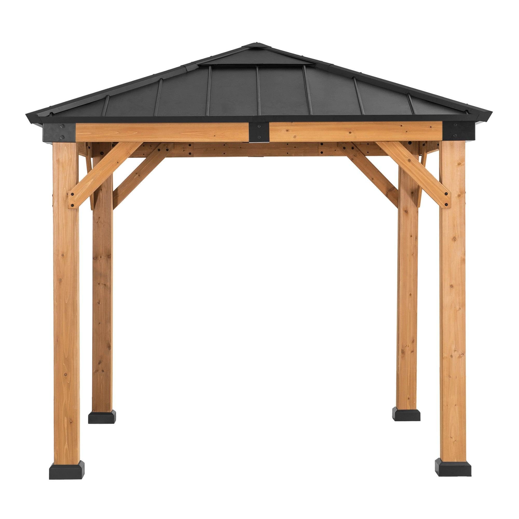 Sunjoy Hardtop Gazebo 9 x 9 ft. Upgrade Cedar Framed Wood Gazebo with Brown Steel & Polycarbonate Hip Roof Hardtop for Garden, Backyard Shade, Brown Roof + Natural Wood Frame