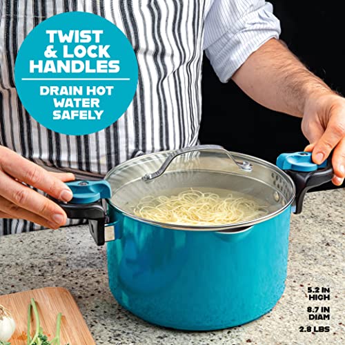 Gotham Steel 5 Quart Stock Pot Ceramic Multipurpose Pasta Pot with Strainer Lid & Twist and Lock Handles, Tempered Glass Lid, Dishwasher Safe, Aqua Blue