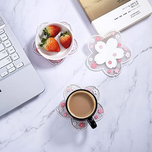 2Pcs Cherry Blossom Coasters for Coffee Table - Heat Resistant Cherry Blossom Decor Non Slip Mat Clear Coasters Table Cup Mat Coffee Mat Gift - Cute Coasters for Drinks Set of 2 for Home, Office, Bar