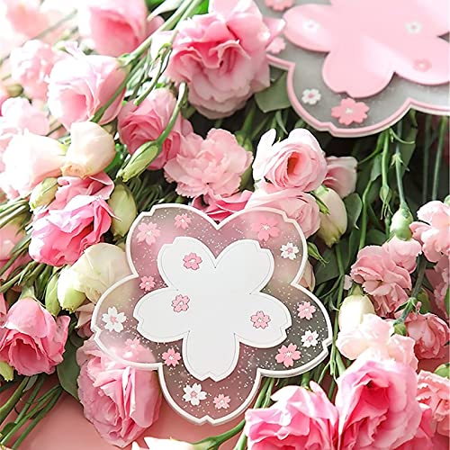 2Pcs Cherry Blossom Coasters for Coffee Table - Heat Resistant Cherry Blossom Decor Non Slip Mat Clear Coasters Table Cup Mat Coffee Mat Gift - Cute Coasters for Drinks Set of 2 for Home, Office, Bar