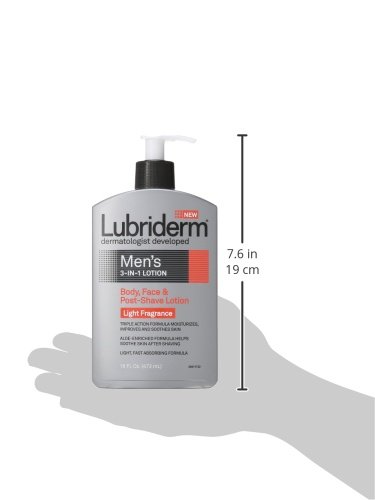 Lubriderm Men's 3-In-1 Lotion Enriched with Soothing Aloe for Body and Face, Non-Greasy Post Shave Moisturizer with Light Fragrance, 16 fl. oz