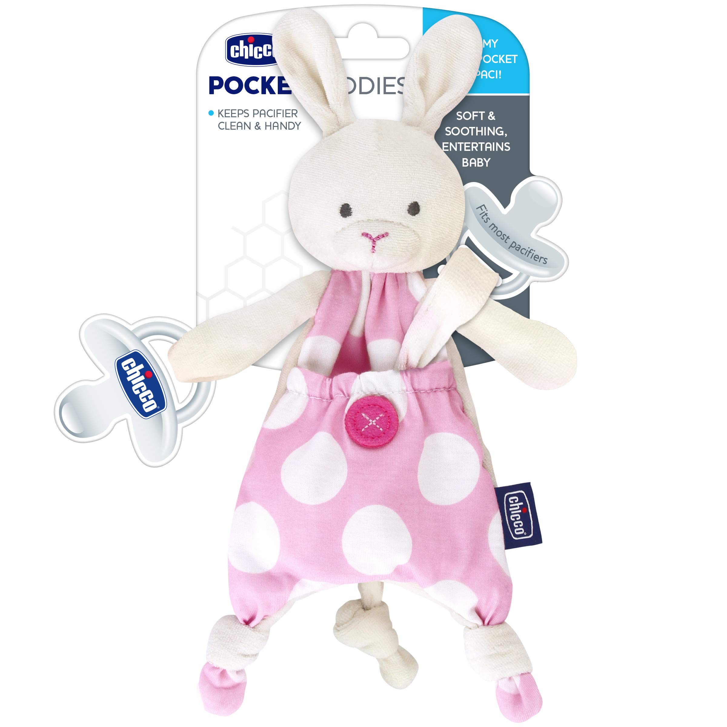 Chicco Pocket Buddy Lovey and Pacifier Holder | Plush, Soothing Animal-Themed Toy | Fits Most Pacifiers | Machine-Washable | Pink Bunny| 0+ Months