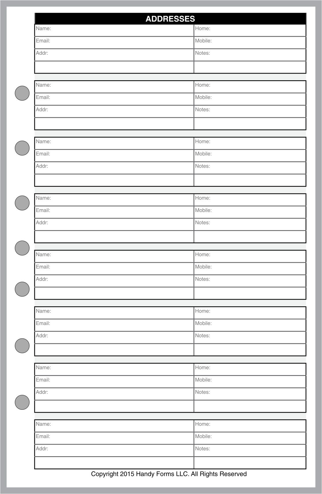 Classic Size Name & Address Refill, Sized and Punched with 7 Holes for 7-Ring Notebooks Such as Franklin, etc. (5.5" x 8.5")
