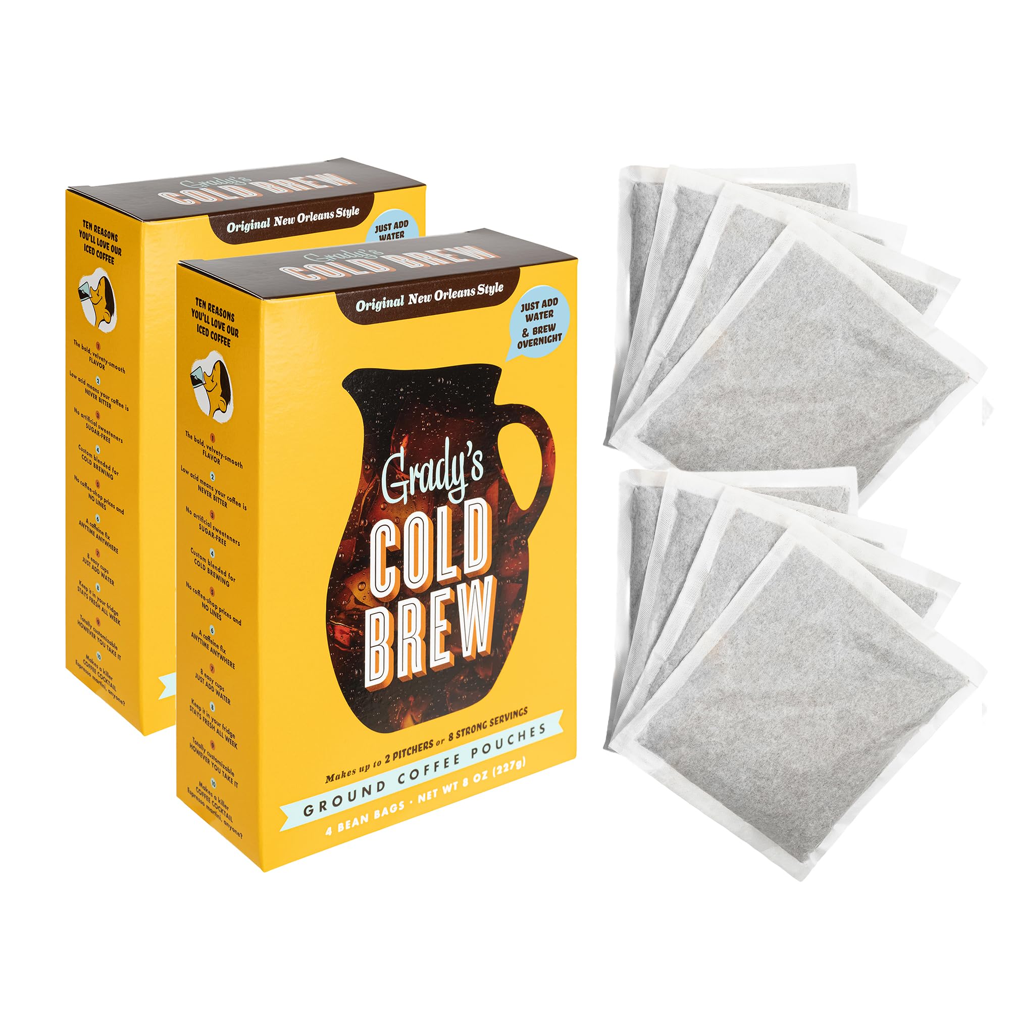 GRADY’S COLD BREW Coffee Pouches | New Orleans Style | 100% Arabica Ground Coffee & Chicory | TWO Boxes of Four Easy-to-Brew Bean Bags | Makes 24 drinks