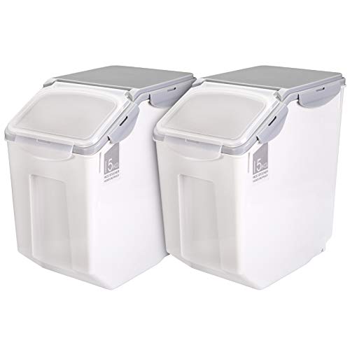 Yarlung 2 Pack Large Rice Storage Containers with Wheels, Plastic Dry Food Storage Boxes with Seal Locking Lid for Flour, Sugar, Kitchen, Pantry (30lb/500oz/70cup)