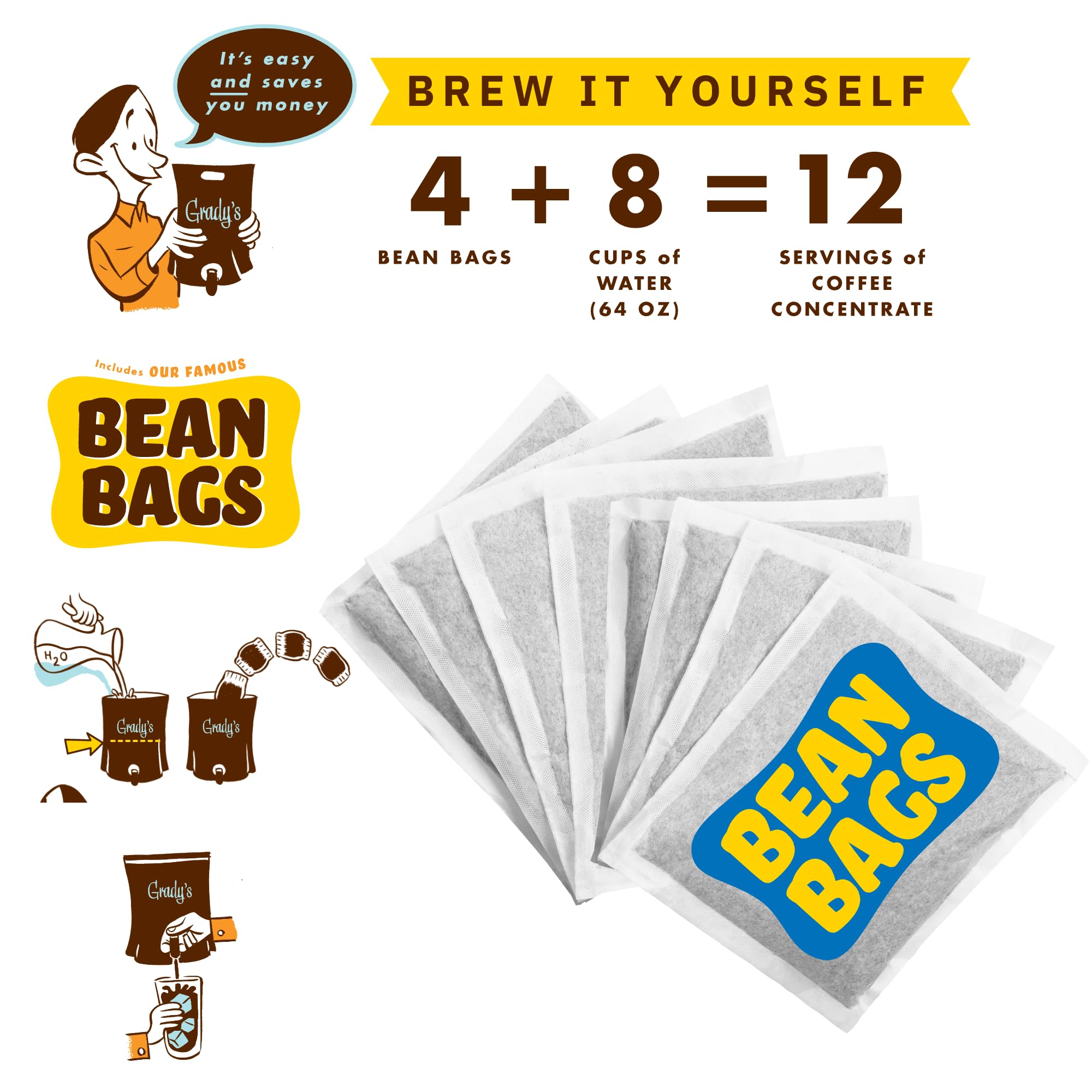 GRADY’S COLD BREW Coffee Pouches | New Orleans Style | 100% Arabica Ground Coffee & Chicory | TWO Boxes of Four Easy-to-Brew Bean Bags | Makes 24 drinks