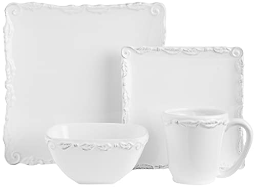 American Atelier Square Dinnerware Sets | White Kitchen Plates, Bowls, and Mugs | 16 Piece Bianca Wave Collection | Dishwasher and Microwave Safe | Service for 4