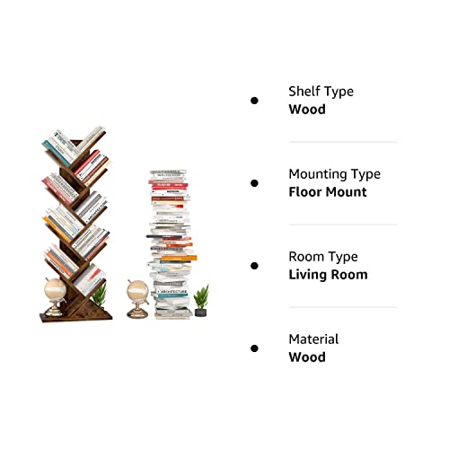 Topfurny Tree Bookshelf, 9-Tier Shelf Rustic Brown Bookcase, Retro Wood Storage Rack for CDs/Movies/Books, Anti-Fall Utility Organizer Shelves for Living Room, Bedroom, Home Office, Rustic Brown