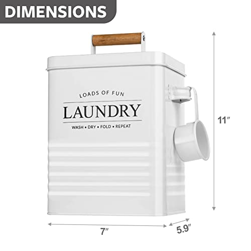 Calindiana Modern Farmhouse Metal Laundry Soap Dispenser Container Holder with Scoop for Laundry Room Decor and Space Saving Laundry Room Organization and Storage, Laundry Powder Container, White