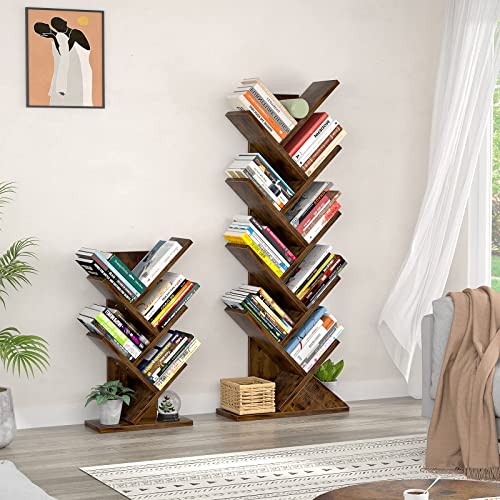 Topfurny Tree Bookshelf, 9-Tier Shelf Rustic Brown Bookcase, Retro Wood Storage Rack for CDs/Movies/Books, Anti-Fall Utility Organizer Shelves for Living Room, Bedroom, Home Office, Rustic Brown