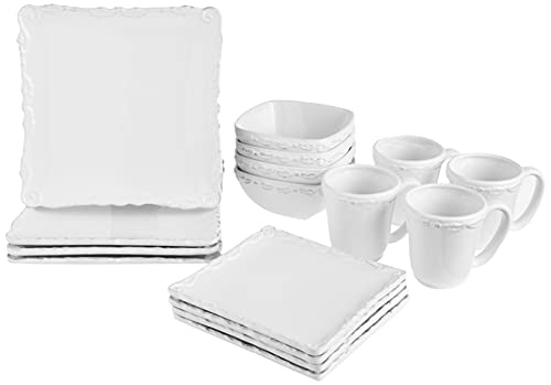 American Atelier Square Dinnerware Sets | White Kitchen Plates, Bowls, and Mugs | 16 Piece Bianca Wave Collection | Dishwasher and Microwave Safe | Service for 4