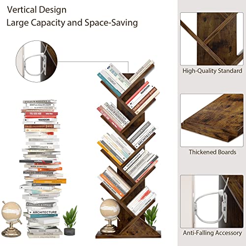 Topfurny Tree Bookshelf, 9-Tier Shelf Rustic Brown Bookcase, Retro Wood Storage Rack for CDs/Movies/Books, Anti-Fall Utility Organizer Shelves for Living Room, Bedroom, Home Office, Rustic Brown
