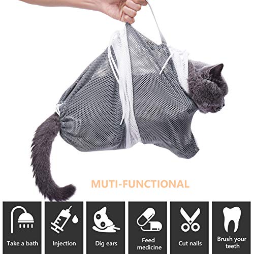 Cat Bathing Bag Cat Cleaning Shower Bag- Adjustable Anti-Bite and Anti-Scratch Polyester Soft Restraint Cat Grooming Bag for Bathing, Nail Trimming, Injection, Medicine Taking (Gray)