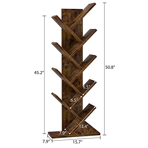 Topfurny Tree Bookshelf, 9-Tier Shelf Rustic Brown Bookcase, Retro Wood Storage Rack for CDs/Movies/Books, Anti-Fall Utility Organizer Shelves for Living Room, Bedroom, Home Office, Rustic Brown