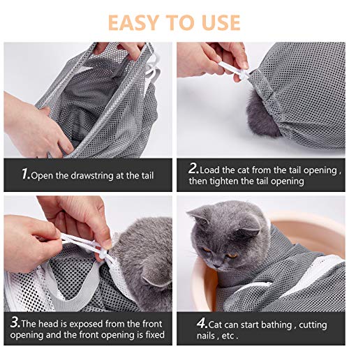 Cat Bathing Bag Cat Cleaning Shower Bag- Adjustable Anti-Bite and Anti-Scratch Polyester Soft Restraint Cat Grooming Bag for Bathing, Nail Trimming, Injection, Medicine Taking (Gray)