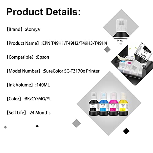 Aomya T49 Ink Compatible Epsn 4×140ml Refill Ink Bottle Replacement T49H1/T49H2/T49H3/T49H4 for Epsn SureColor SC-T3170x Printer