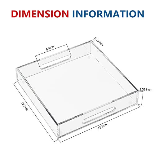 KOTEMON Acrylic Serving Tray with Handles-12x12x2.36Inch-Decorative Tray Letter Tray Organizer for Ottoman Coffee Table Countertop, Clear