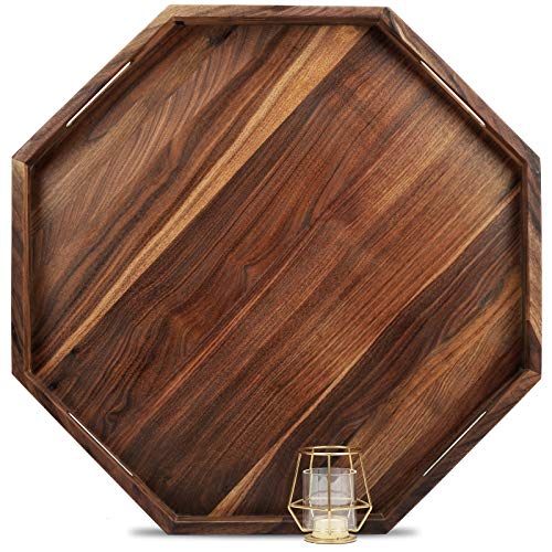 MAGIGO 24 Inches Extra Large Octagonal Black Walnut Wood Ottoman Tray with Handles, Serve Tea, Coffee Classic Wooden Decorative Serving Tray