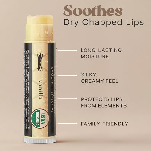 4 Pack Organic Vanilla Bean & Honey Lip Balm - Natural Lip Moisturizer Gifts for Men, Women & Kids