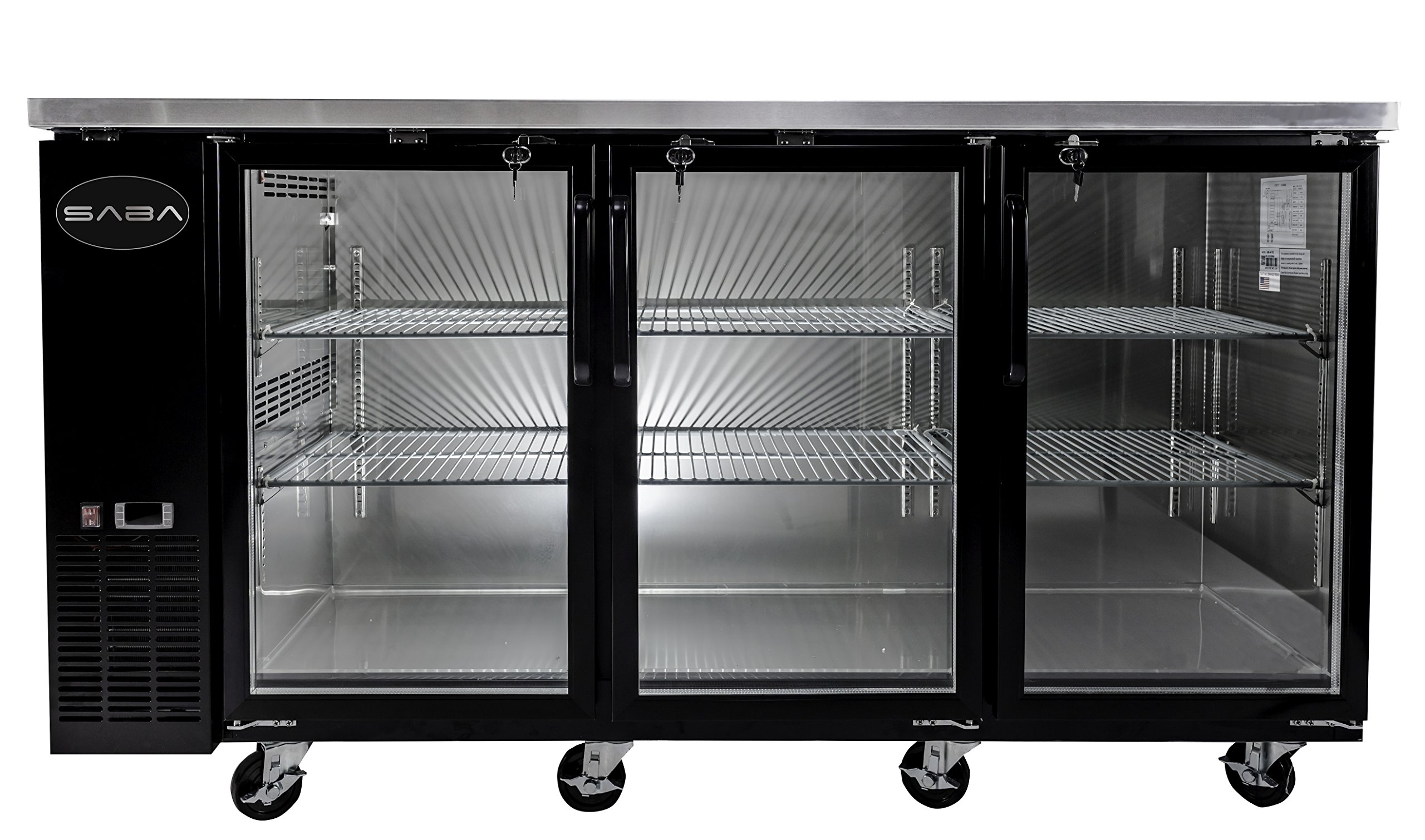 72" Commercial 3 Door Back Bar Beer Bottle Beverage Can Cooler Refrigerator, Black, with Stainless Steel Top and Glass Doors