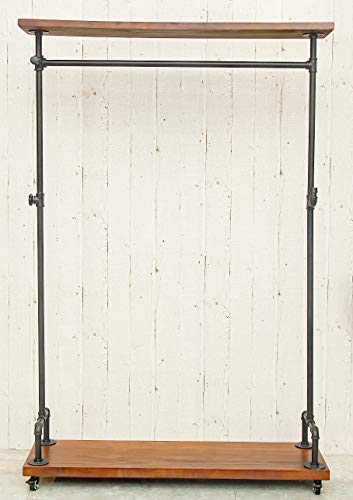 DOFURNILIM Industrial Pipe Clothing Racks, Rolling Garment Racks, Hall Tree on Lockable Wheels with Shelves and Shoes Storage, Heavy Duty Clothes Rack (two tiers garment rack)