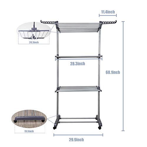 YOUUD Clothes Drying Rack 3-Tiers with Retractable Trays, Collapsible Shelves, Rolling and Base with Casters, Stainless Laundry Dryer Indoor/Outdoor Standing Rack