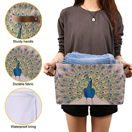 STAYTOP Large Storage Basket Peacock Painting Collapsible Toy Storage Bins Waterproof Laundry Basket with Handle,Used for Home Closets, Offices, Bedrooms 1PCS