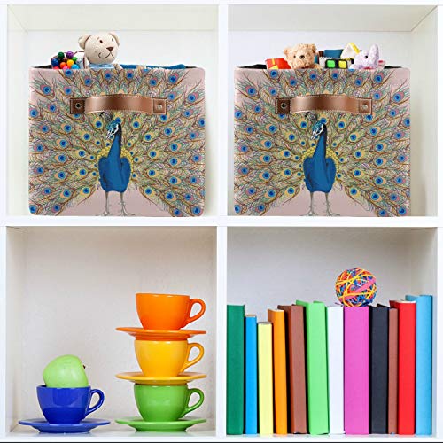 STAYTOP Large Storage Basket Peacock Painting Collapsible Toy Storage Bins Waterproof Laundry Basket with Handle,Used for Home Closets, Offices, Bedrooms 1PCS