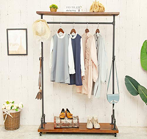 DOFURNILIM Industrial Pipe Clothing Racks, Rolling Garment Racks, Hall Tree on Lockable Wheels with Shelves and Shoes Storage, Heavy Duty Clothes Rack (two tiers garment rack)
