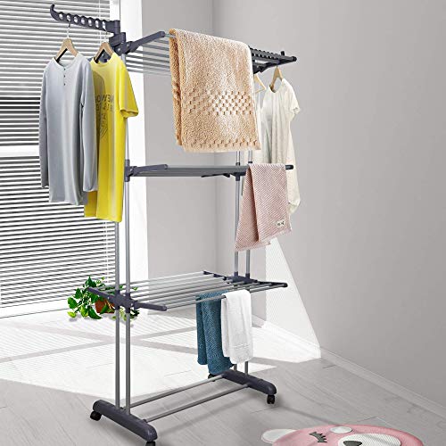 YOUUD Clothes Drying Rack 3-Tiers with Retractable Trays, Collapsible Shelves, Rolling and Base with Casters, Stainless Laundry Dryer Indoor/Outdoor Standing Rack