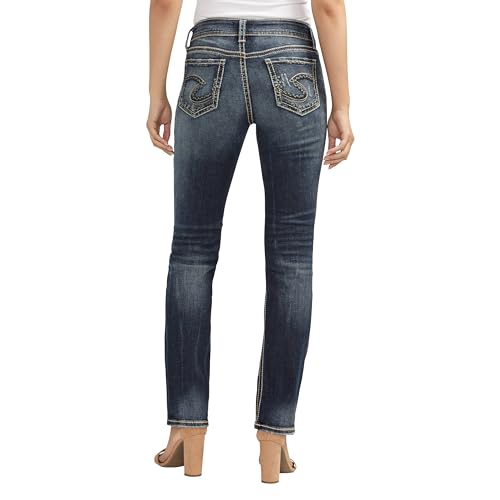 Silver Jeans Co. Women's Suki Mid Rise Curvy Fit Straight Leg Jeans, Dark Blue Wash, 28W x 32L