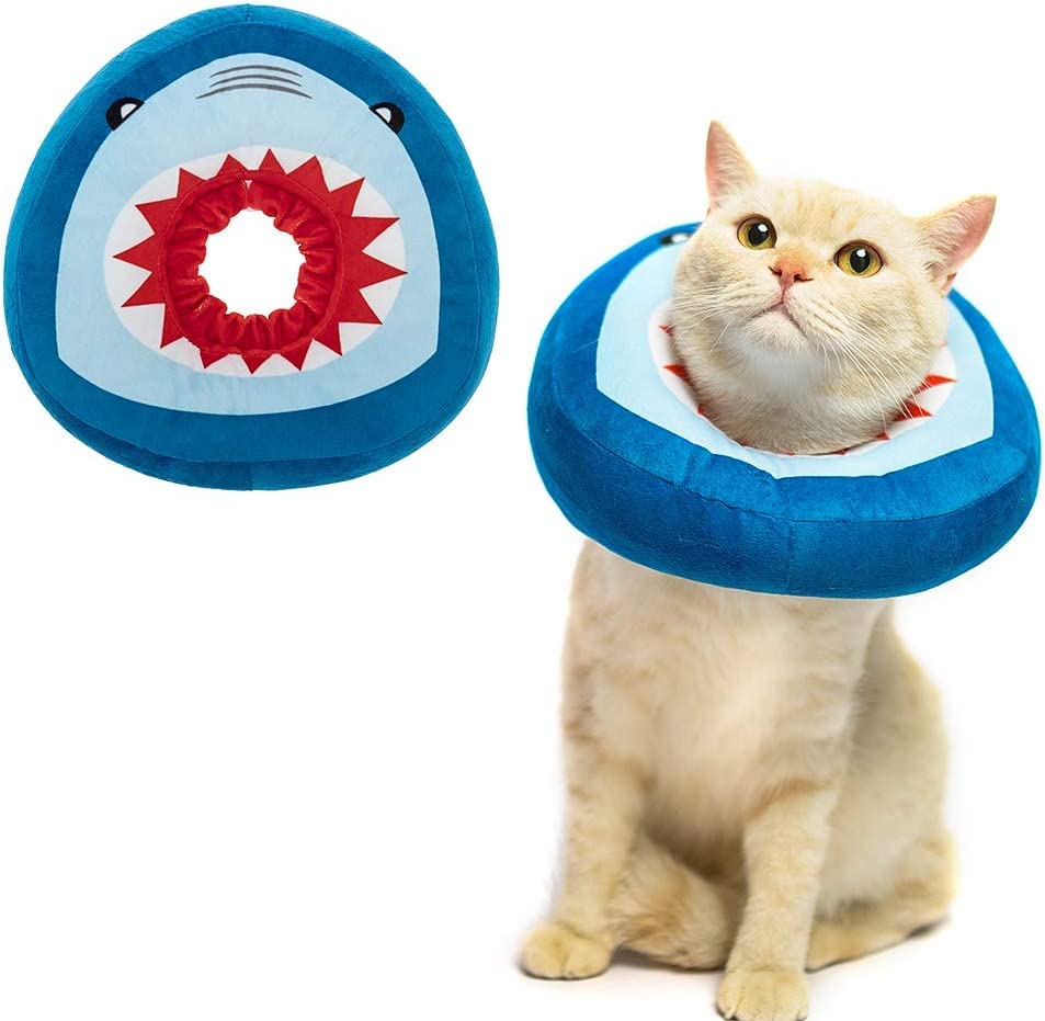 EXPAWLORER Cat Surgery Recovery Collar - Adjustable Donut Cat Cone Collar Soft, Pet E Collar for Wound Healing Protective Elizabethan Collars for Pets Kitten and Small Dogs, Cute Shark Design