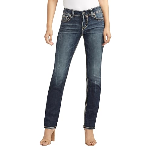 Silver Jeans Co. Women's Suki Mid Rise Curvy Fit Straight Leg Jeans, Dark Blue Wash, 28W x 32L