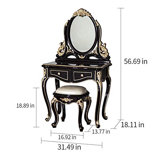 Dressing Table with Stool Mirror with 2 Drawers (Black)