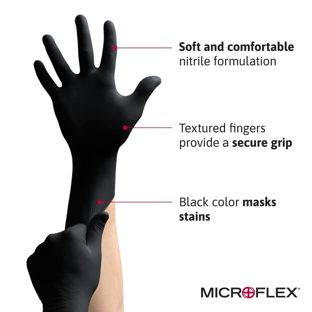 Ansell MICROFLEX BD-100N Black Dragon Zero 5mil Disposable Nitrile Gloves w/Textured Fingertips for Medical, Industrial, Automotive Use - Small, Black Gloves (Box of 100)