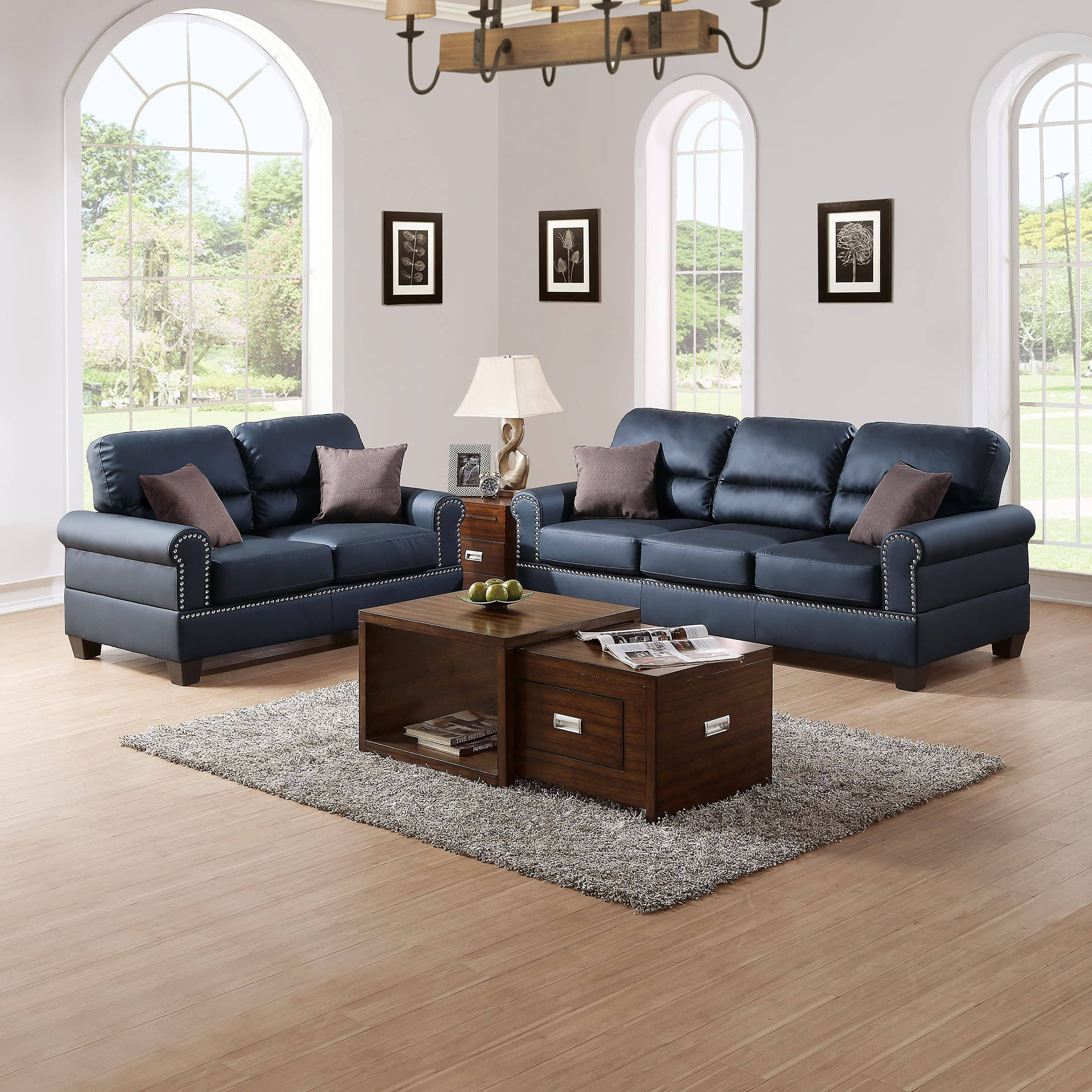Poundex Bobkona Shelton Bonded Leather 2 Piece Sofa and Loveseat Set, Black