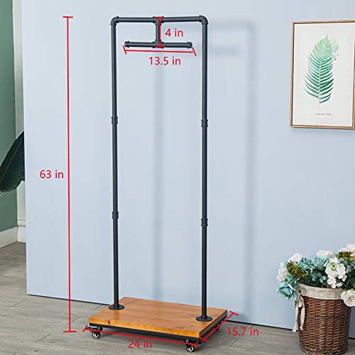 FURVOKIA Industrial Pipe and Wood Rolling Clothes Retail Heavy Duty Garment Racks,Metal Clothing Store Hanger Storage Shelves,Floor-Standing Display Rack,Decor Pipeline Shelf (Black)