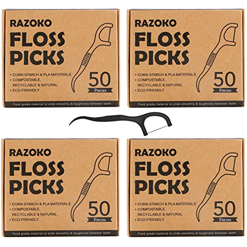 Natural Dental Floss Picks High Toughness Charcoal Toothpicks Sticks-Vegan,Eco-Friendly Sustainable Flossers for Teeth Cleaning (200 Count)