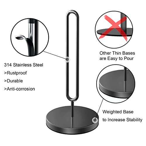 DDF iohEF Black Paper Towel Holders, Stainless Steel Paper Towel Holder, Paper Towel Stand Countertop Dispenser with Weighted Base - fits in Kitchen or for Bathroom