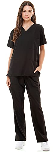 MEDPIA Women's Medical Uniform Set – 4 Way Stretch Lightweight 8 Pockets V-Neck Top Drawstring Elastic Waist Pants Nursing Black 4X