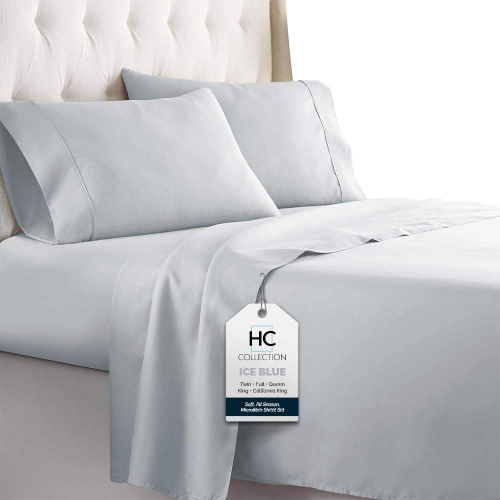 HC COLLECTION Bed Sheets Set Full with 2 Pillowcases Hotel Luxury Brushed Microfiber Sheet w/Deep Pocket, Fade Resistant Ultra Soft Breathable Lightweight 4 Pcs Bedding Solid Color, Ice Blue