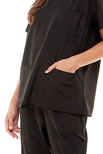 MEDPIA Women's Medical Uniform Set – 4 Way Stretch Lightweight 8 Pockets V-Neck Top Drawstring Elastic Waist Pants Nursing Black 4X