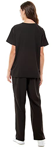 MEDPIA Women's Medical Uniform Set – 4 Way Stretch Lightweight 8 Pockets V-Neck Top Drawstring Elastic Waist Pants Nursing Black 4X