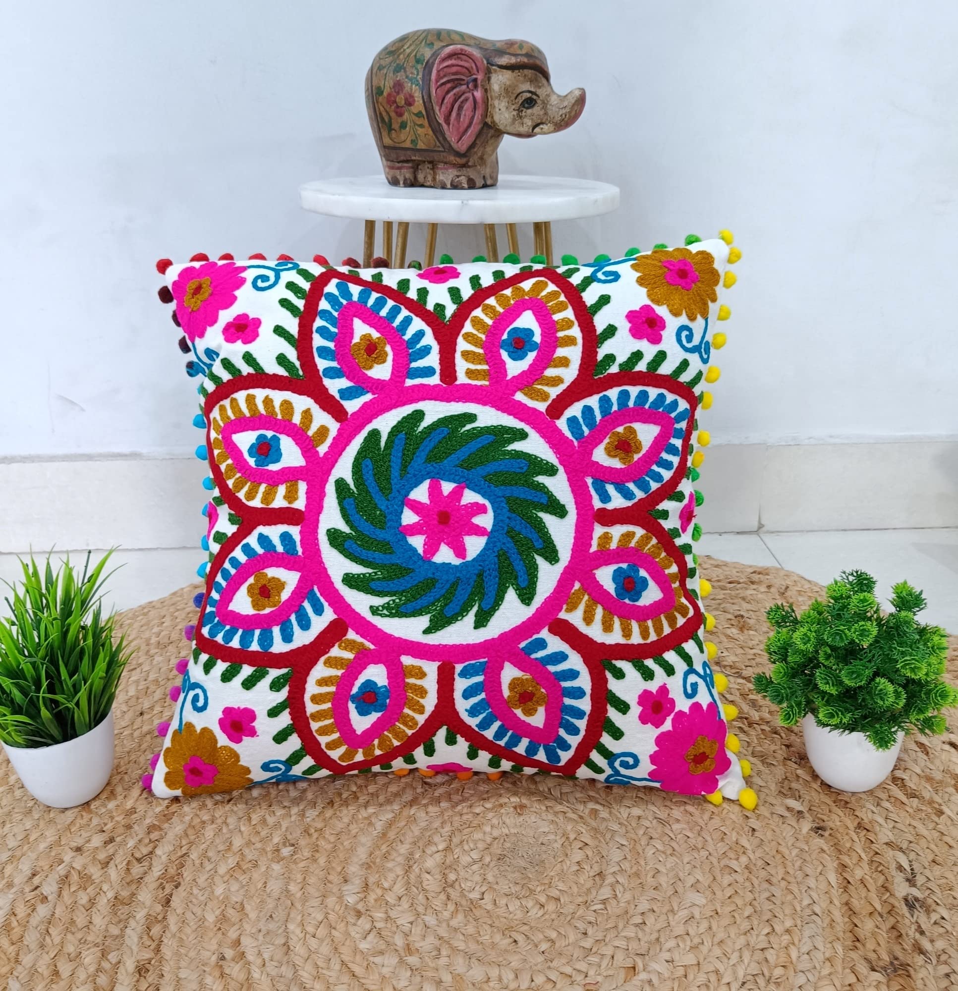Trade Star 100% Cotton Embroidered Pillow Cover Beautiful Pom Pom Pillow Cover Fall Decor Cushion Cover Decorative Hand Design 16x16 Inches Modern Sofa Throw Pillow Cover for Home Decor