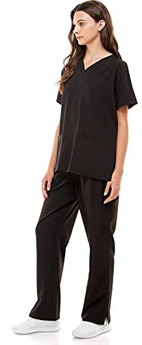 MEDPIA Women's Medical Uniform Set – 4 Way Stretch Lightweight 8 Pockets V-Neck Top Drawstring Elastic Waist Pants Nursing Black 4X