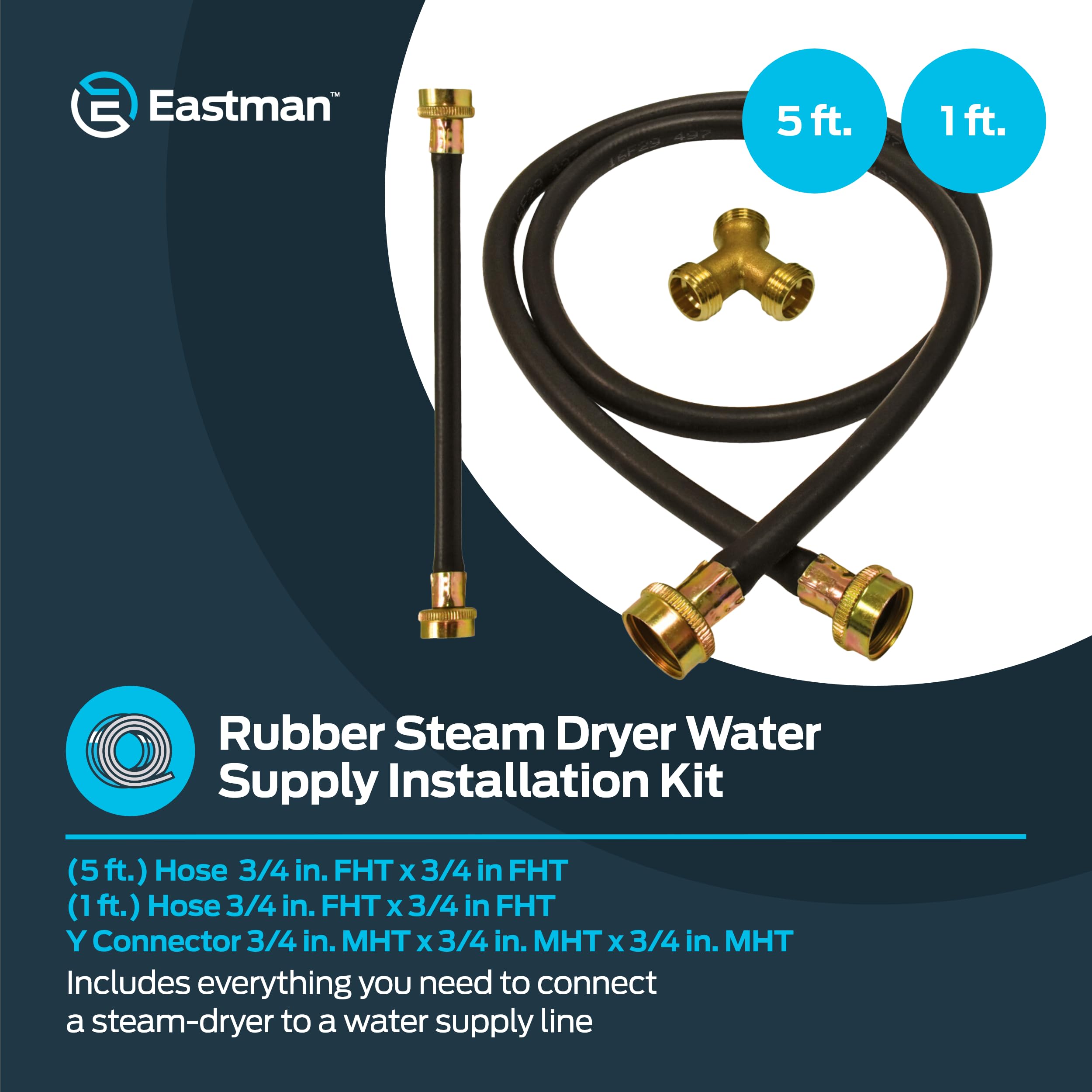 Eastman Rubber Steam Dryer Water Supply Installation Kit, 3/4 Inch FHT x 3/4 Inch FHT Connection, 5 Foot Flexible Hose, 41024