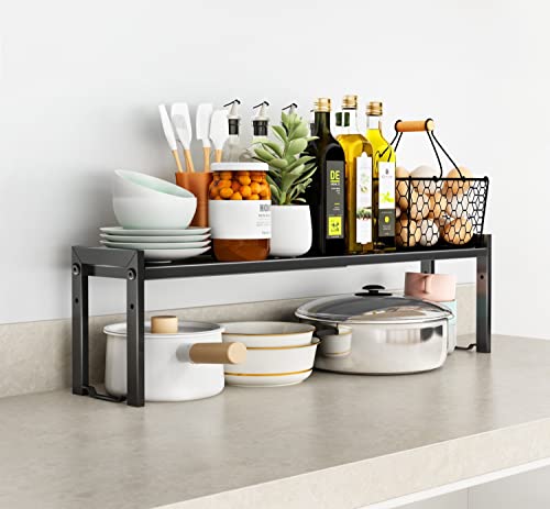 Urhomey plus Expandable Cabinet Shelf 16~26"(L), Stackable Kitchen Counter Shelf Organizer, 22LBS Heavy Duty Shelf Riser, Countertop Storage Pantry Shelf, Durable Metal Sink Shelf (Black)