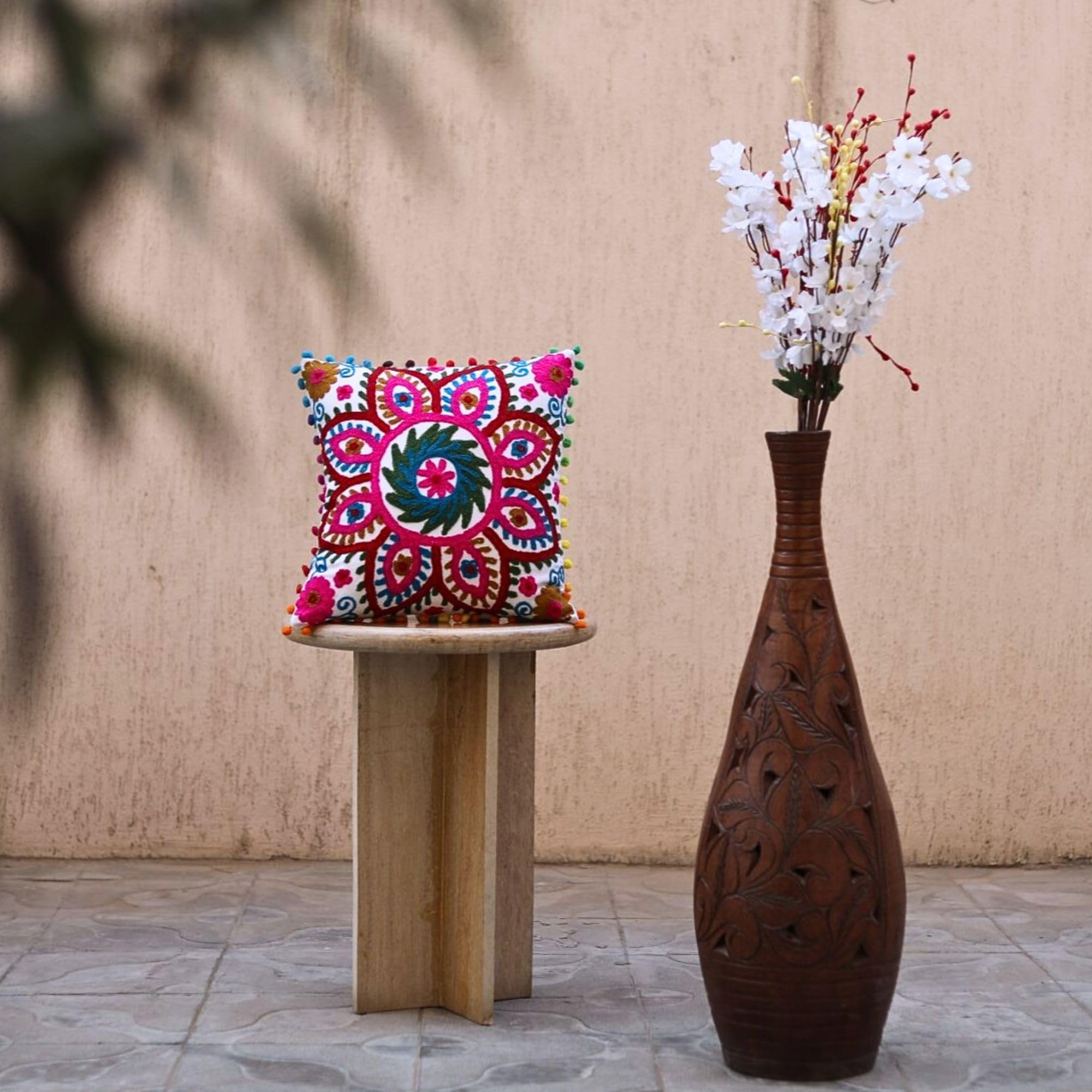 Trade Star 100% Cotton Embroidered Pillow Cover Beautiful Pom Pom Pillow Cover Fall Decor Cushion Cover Decorative Hand Design 16x16 Inches Modern Sofa Throw Pillow Cover for Home Decor