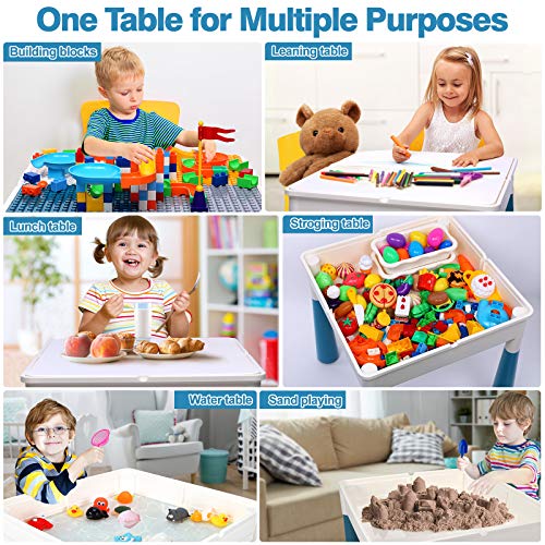 arscniek Toddlers Activity Table 7 in 1 Kids Activity Table and Chair Set with 152Pcs Large Marble Run Building Blocks, Sand/Water Table, Kids Learning Play Table Toys for Girls Boys Toddler Age 3-7