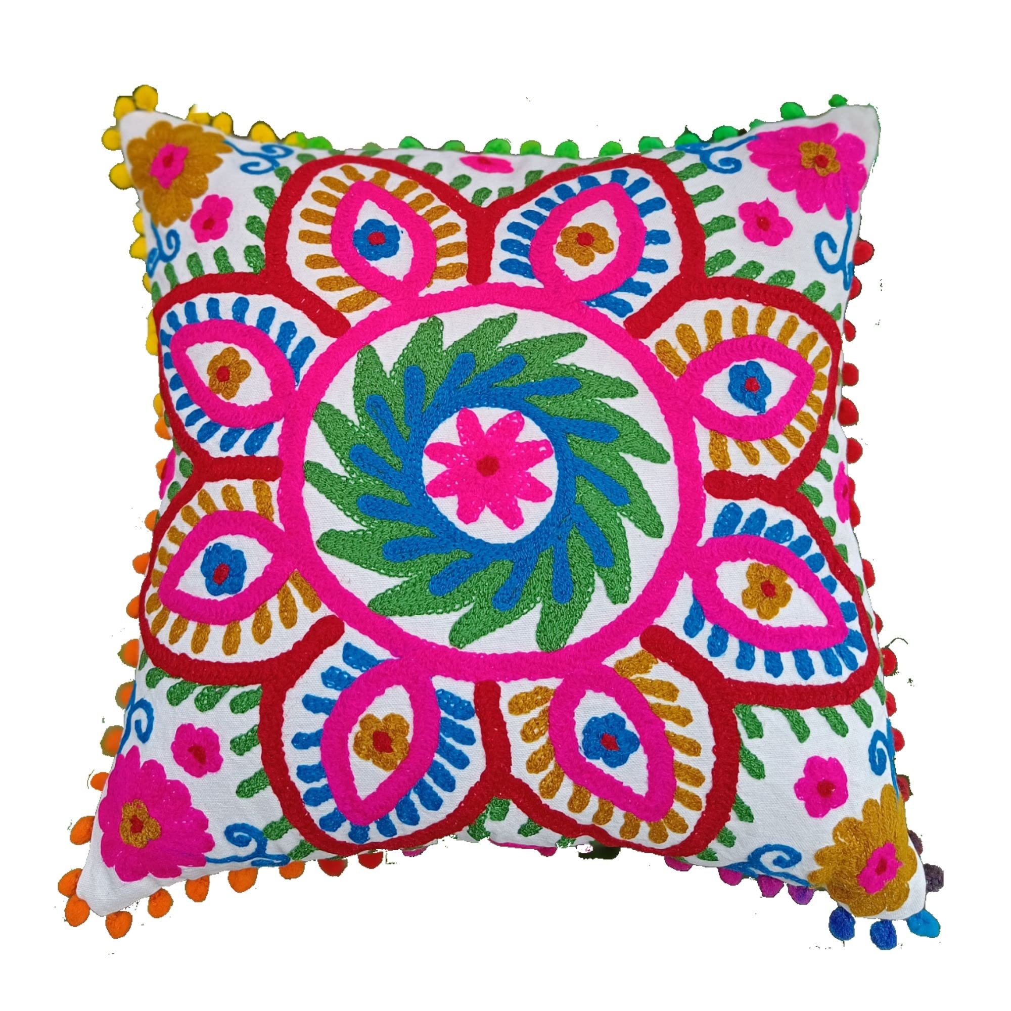 Trade Star 100% Cotton Embroidered Pillow Cover Beautiful Pom Pom Pillow Cover Fall Decor Cushion Cover Decorative Hand Design 16x16 Inches Modern Sofa Throw Pillow Cover for Home Decor